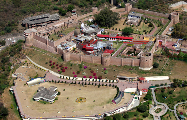Panoramic aerial view of Bawe Wali Mata temple and Fish aquarium of ...