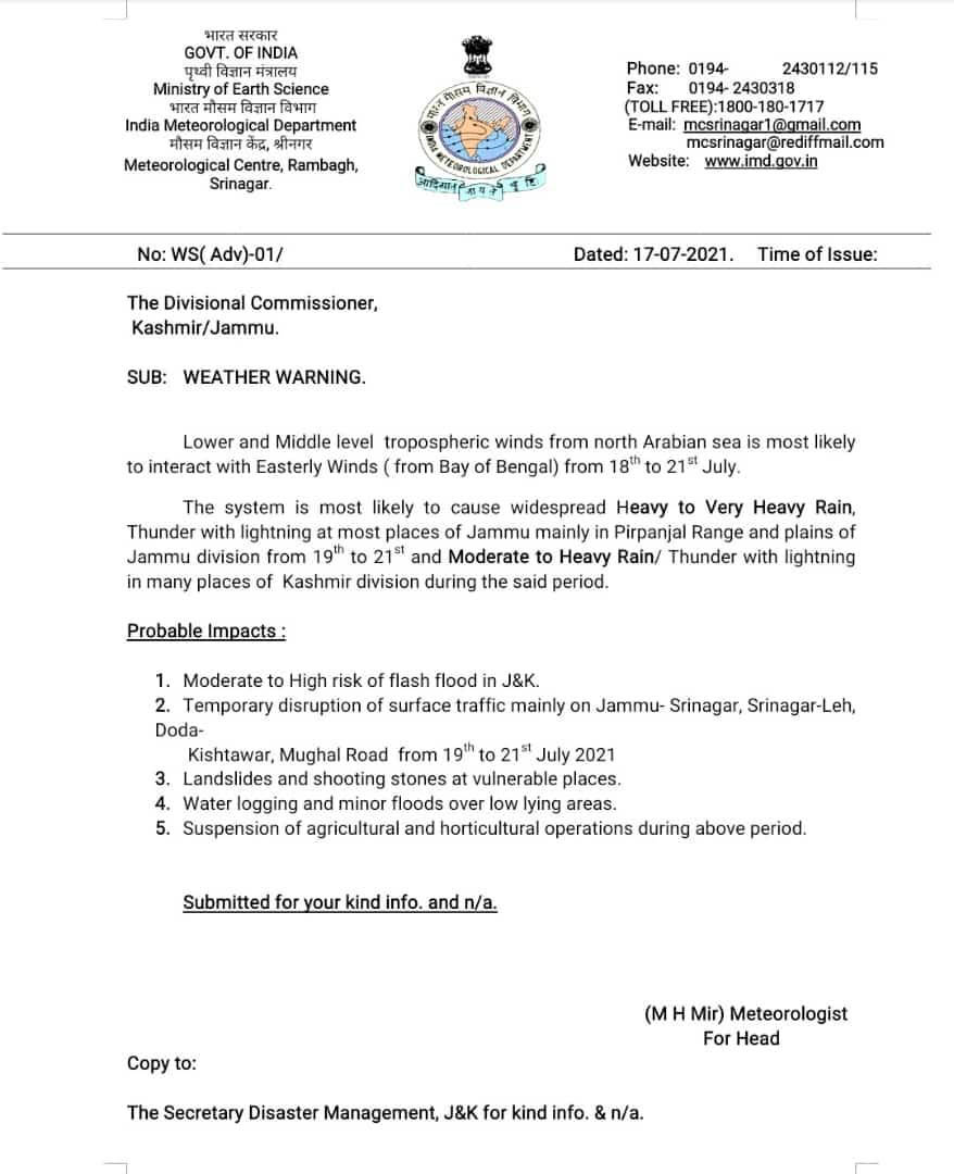 Weather Advisor Issued For Heavy Rains From July 18 To 21 - Daily Excelsior