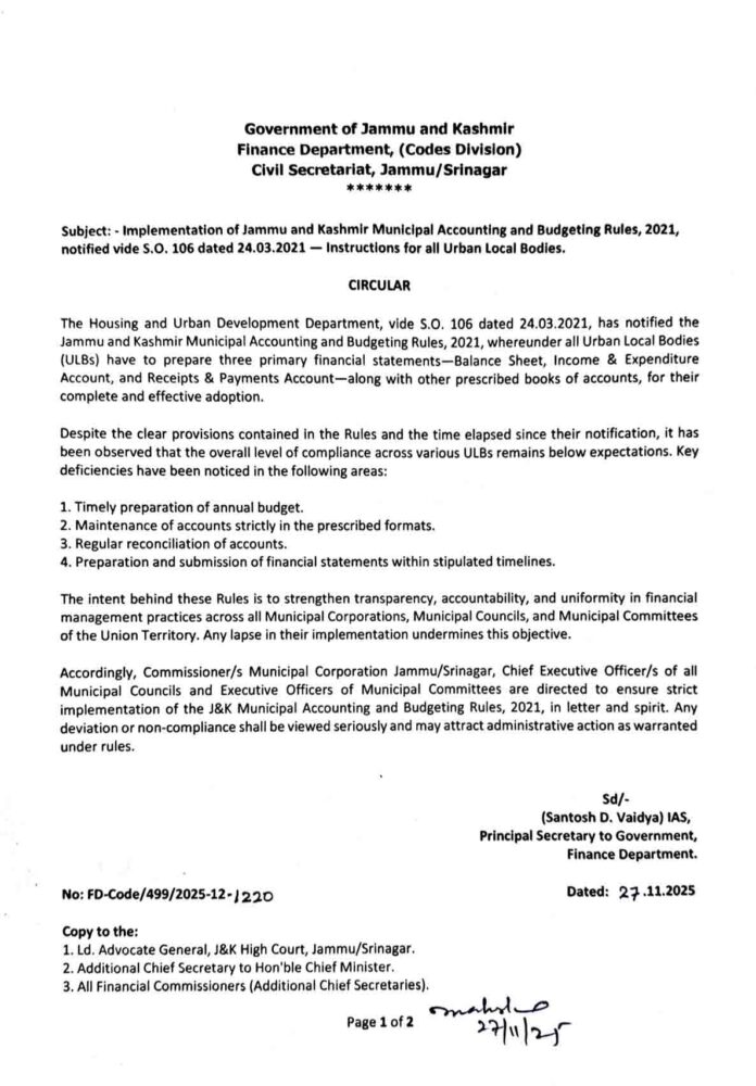 J&K Govt Directs ULBs To Strictly Implement Accounting, Budgeting Rules ...
